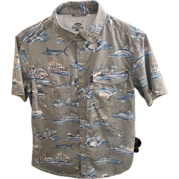 AFTCO | Shirts | Aftco Shirt Men S Gray Fishing Print All Over Vented ...